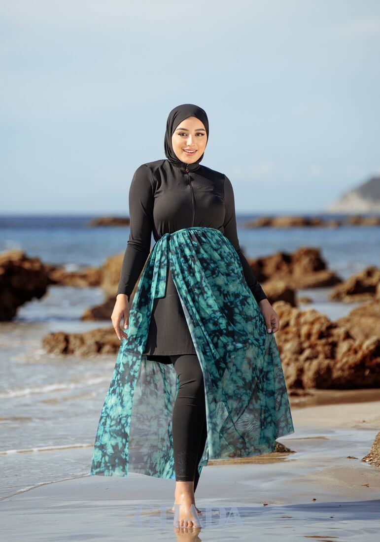Burkini noir en 5 pieces avec cache maillot- Bleu – GHADA FASHION