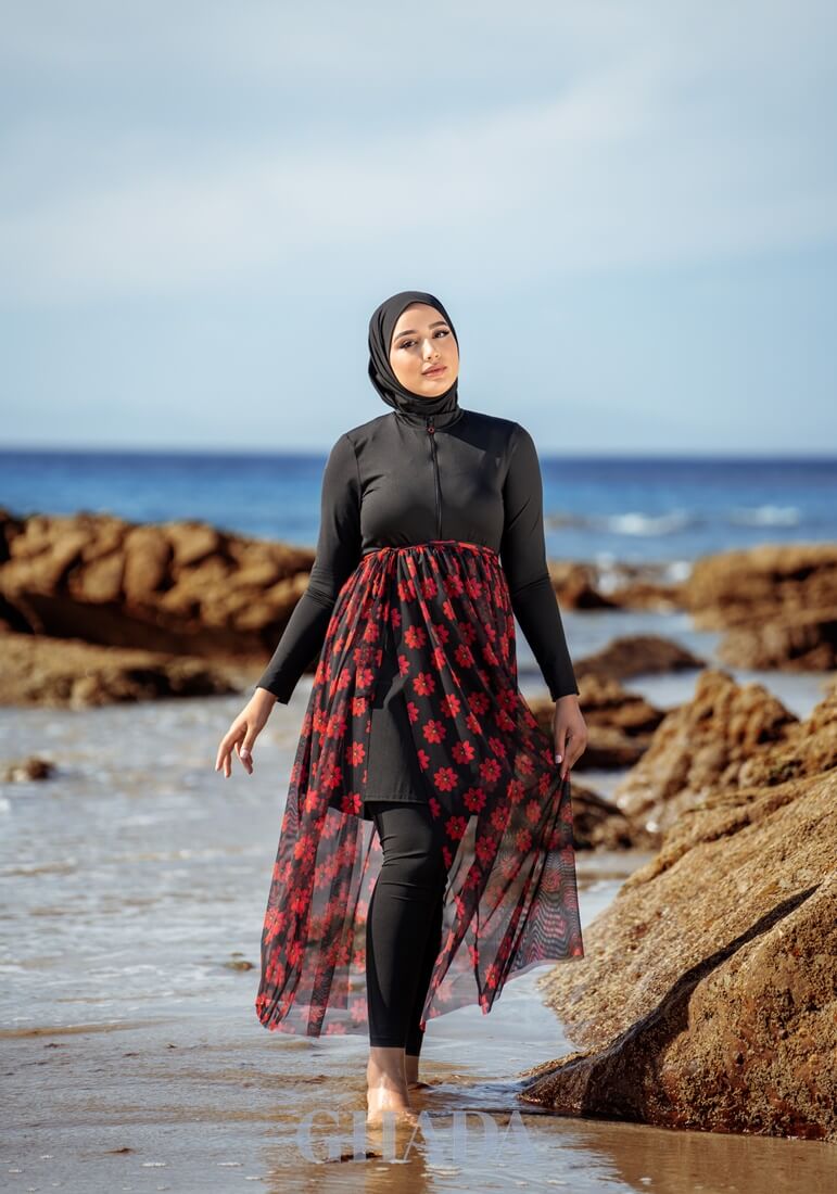 Burkini en 5 pieces avec cache maillot- flowers – GHADA FASHION