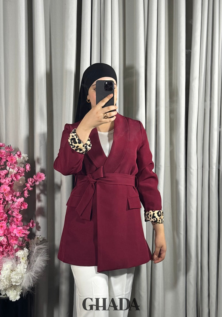 Veste bordeaux à motif léopard – GHADA FASHION