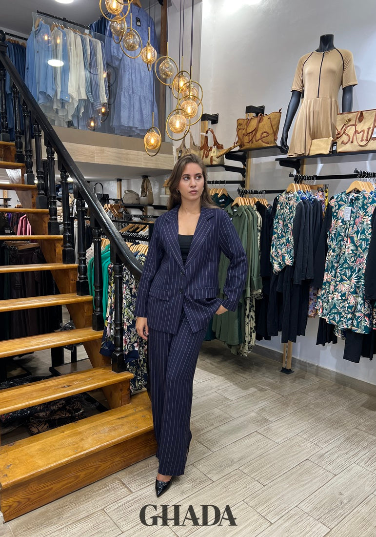 Ensemble tailleur en lin à rayures en bleu marine – GHADA FASHION