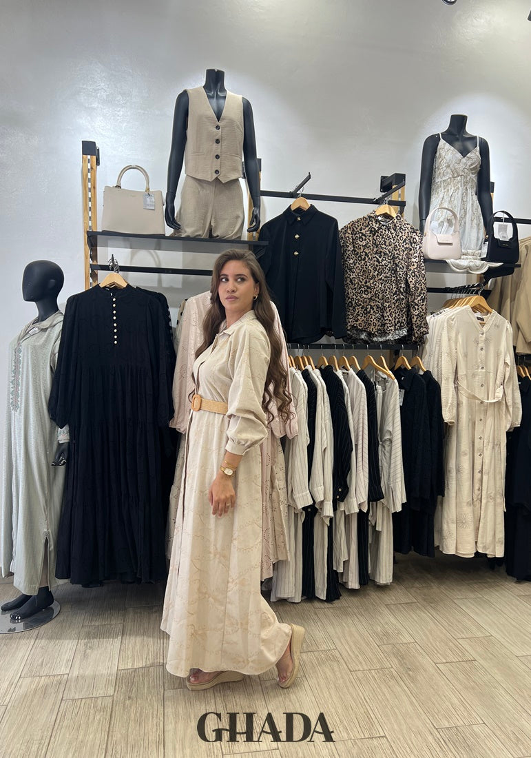 Robe en lin bordé avec ceinture – GHADA FASHION