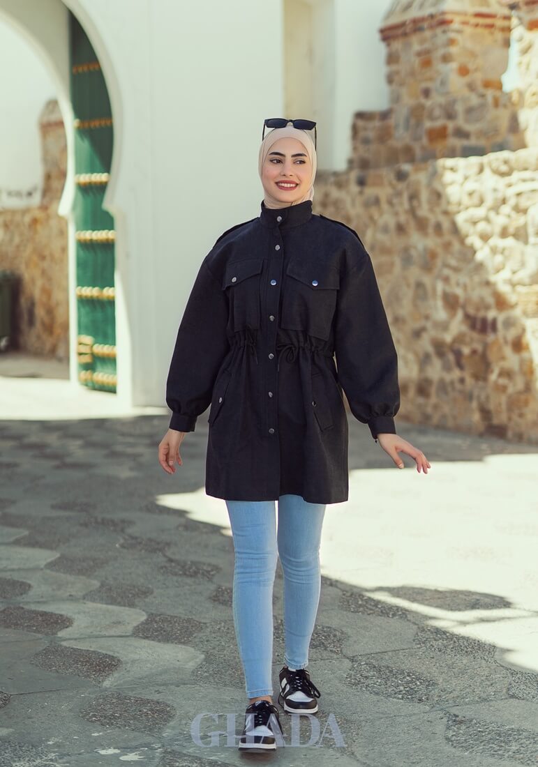 Blouson long en noir – GHADA FASHION